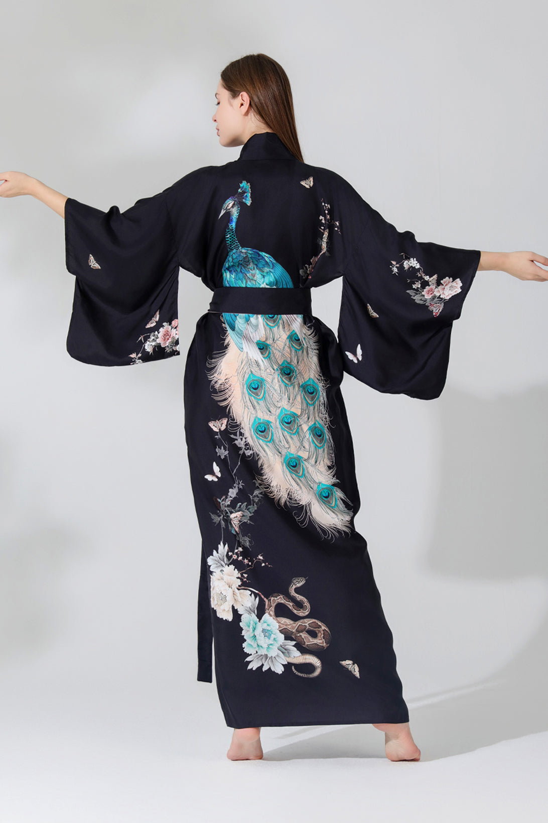 Silk Kimono Dressing Gown Royal Peacock | Black | Buy a beautiful ...