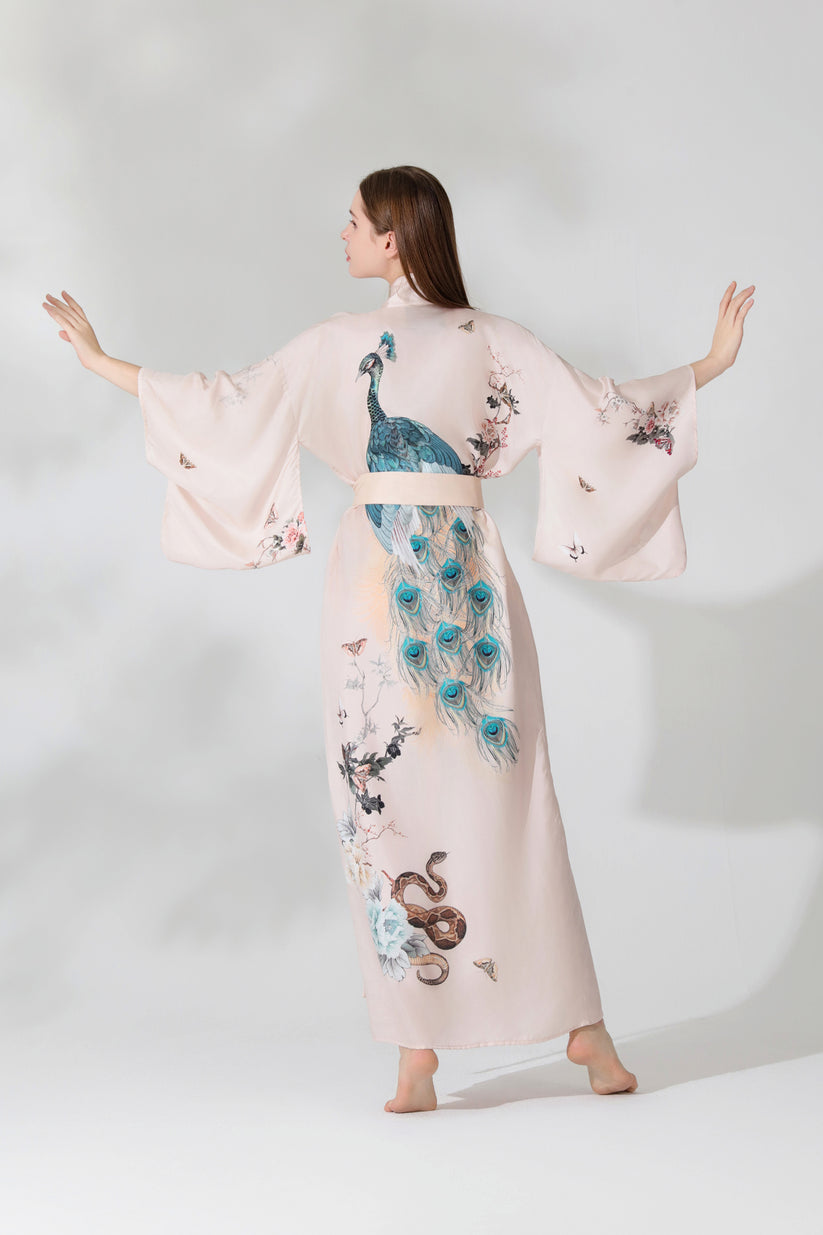 Silk Kimono Dressing Gown Royal Peacock | Pink | Buy a beautiful ...